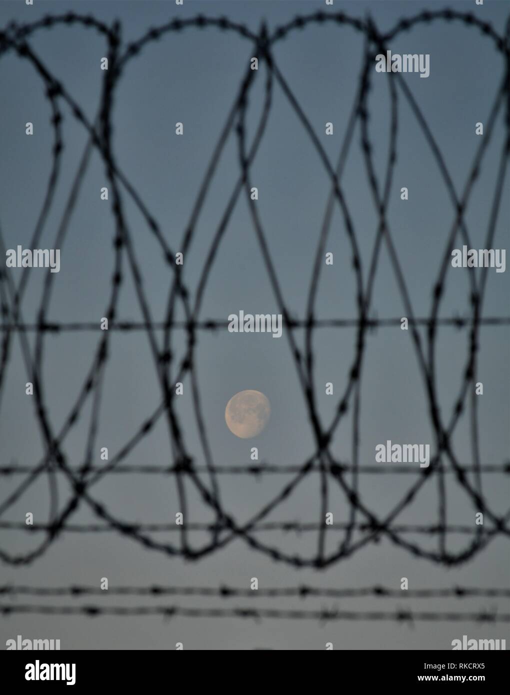 Daylight Moon seen through razor wire atop a fence.Curve pattern Stock ...