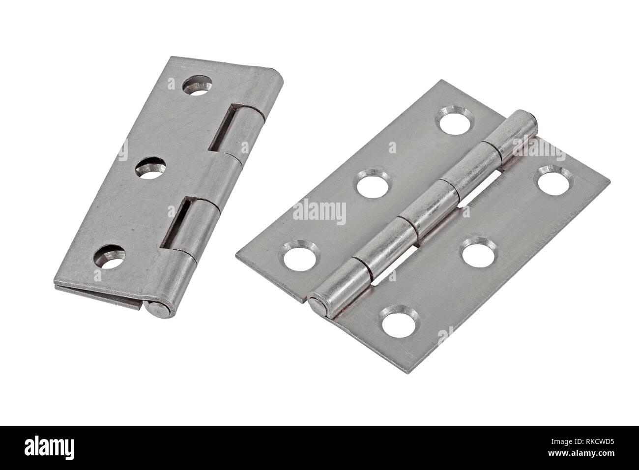 Two steel butt hinges side by side, one open, one closed, isolated on a ...