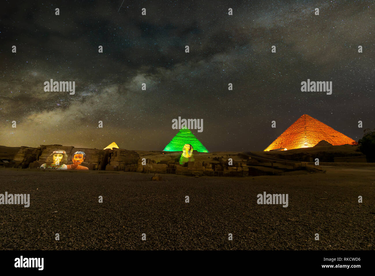 Giza pyramids and Sphinx Sound and Light Show at night Stock Photo - Alamy