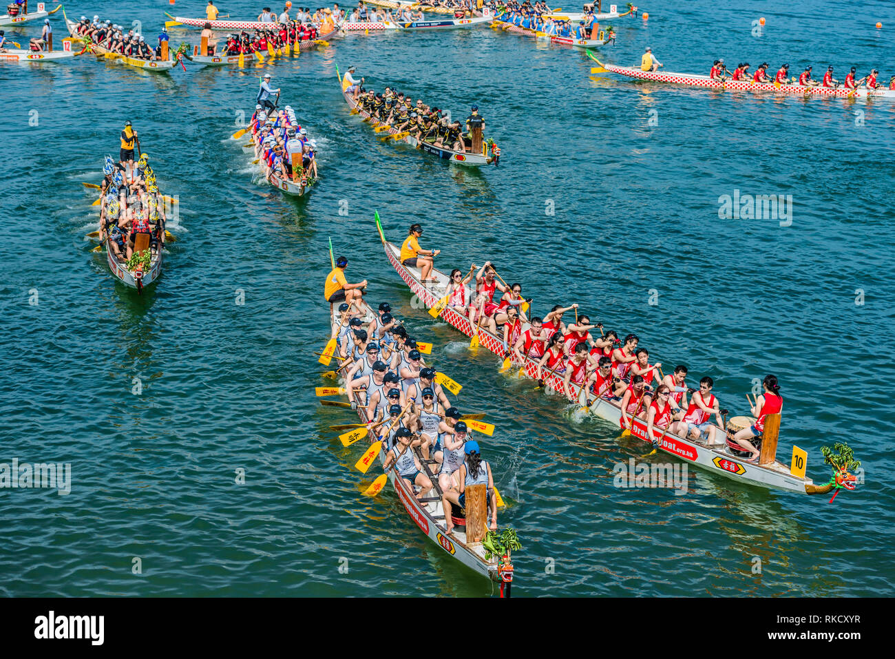 Hong Kong, China- June 2 , 2014: People racing the Dragon boats ...