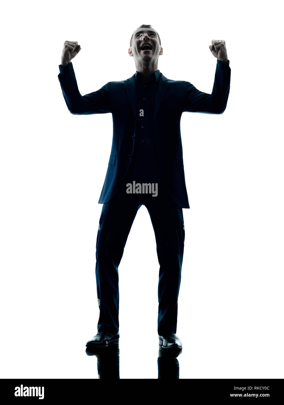 one caucasian business man happy celebrating silhouette isolated on ...