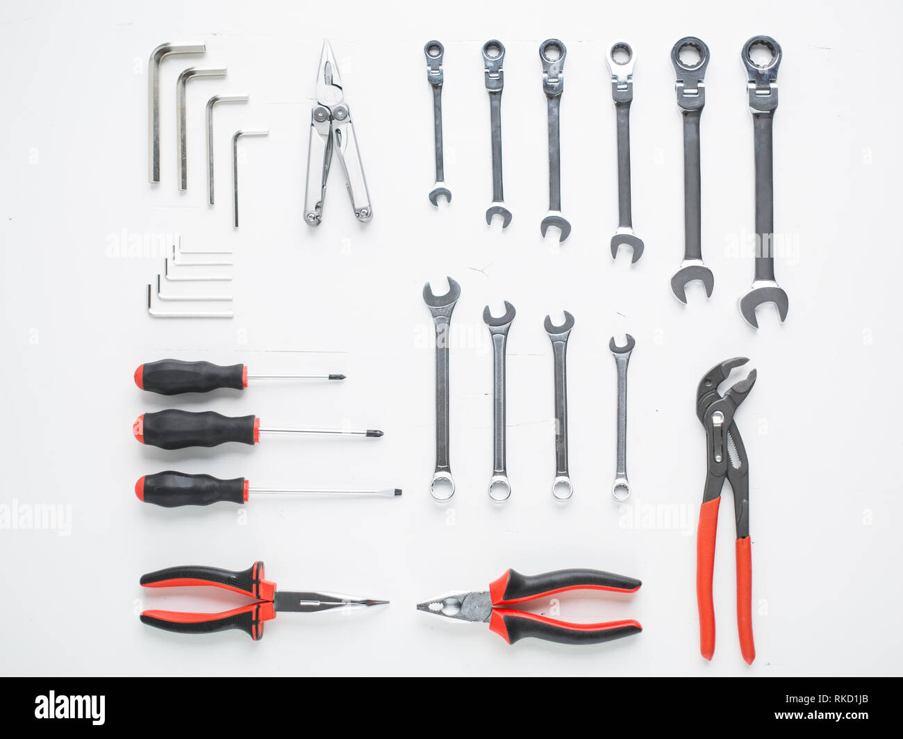 Knolling concept of work tools equipment and safety helmet Stock Photo ...