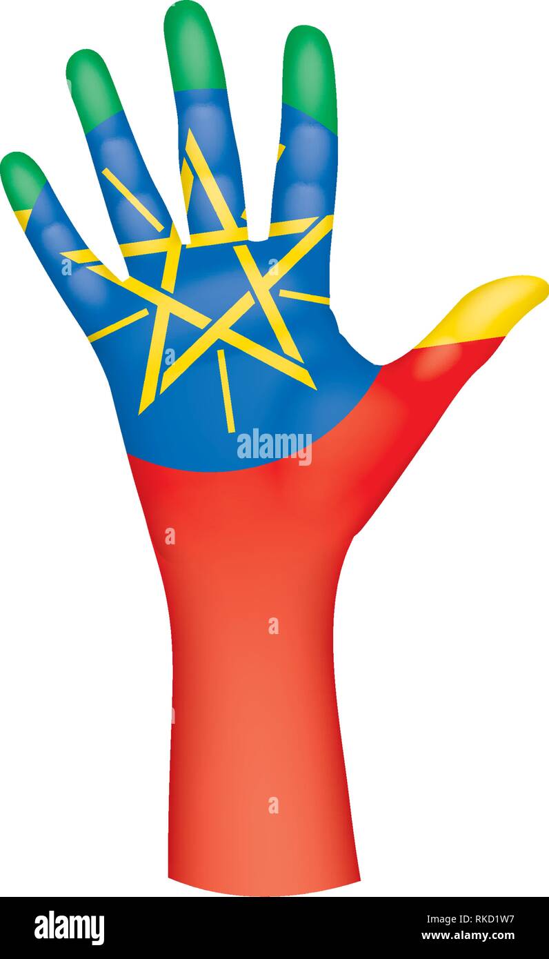 Ethiopia flag and hand on white background. Vector illustration Stock ...
