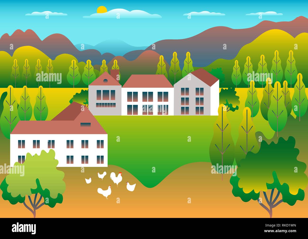 Rural valley Farm countryside. Village landscape with ranch in flat ...