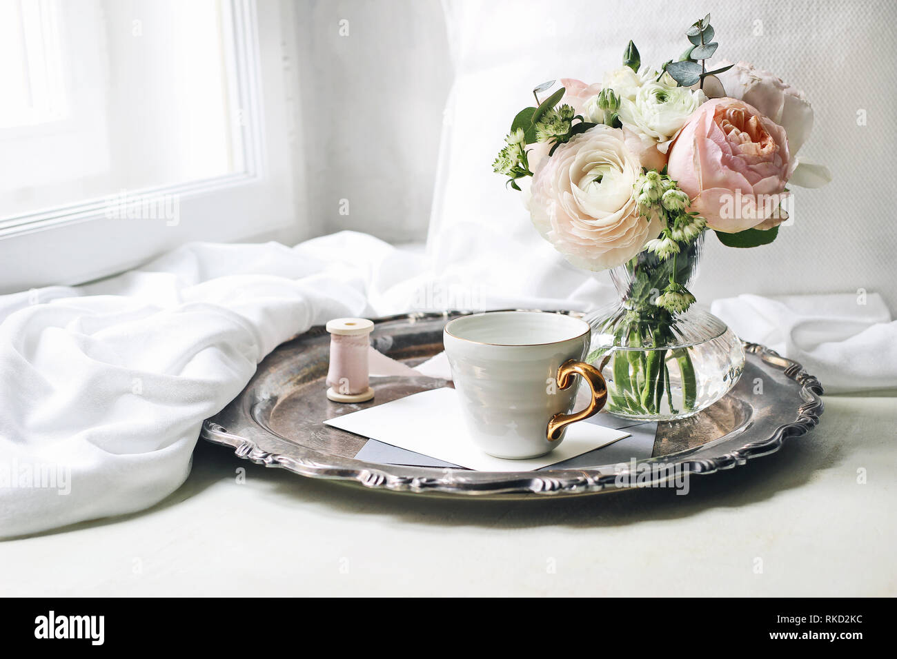 Spring, summer still life scene. Cup of coffee, blank greeting card ...