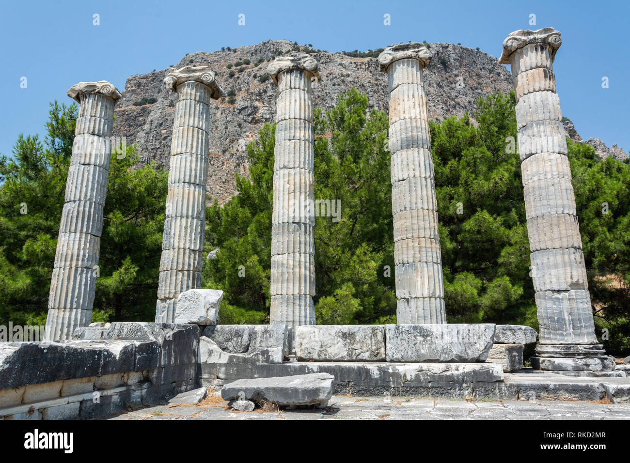 The ruins and the five re-erected columns at Priene ancient city in ...