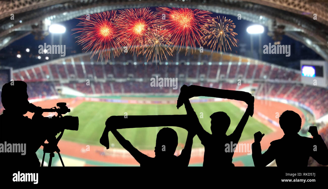 The silhouette of fan club over the panorama of Abstract blurred photo ...