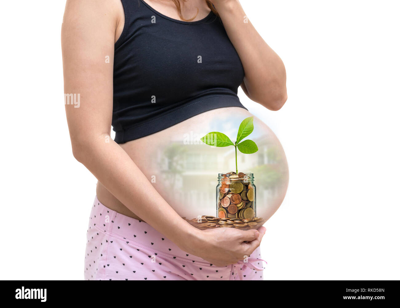 Pregnant woman with Gold coins and seed in clear bottle on photo ...