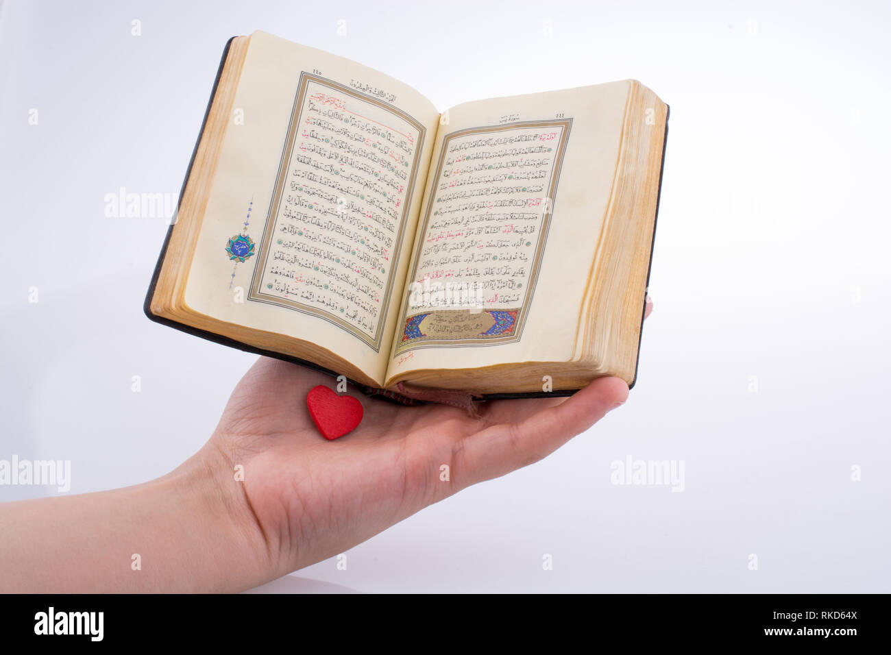 Hand holding The Holy Quran with a heart on a white background Stock ...