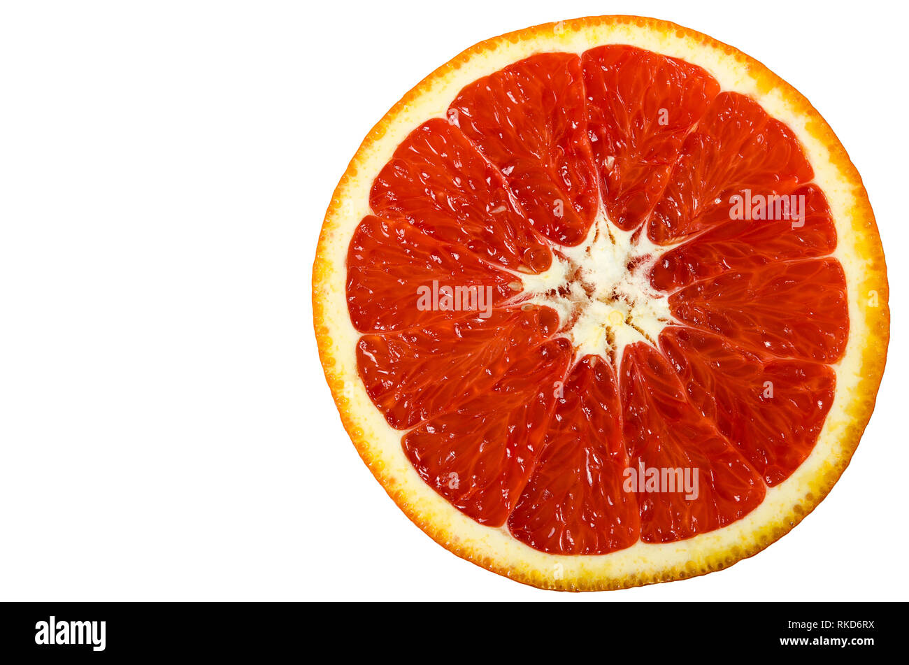 cut juicy red orange close-up lies on a white background with copy ...