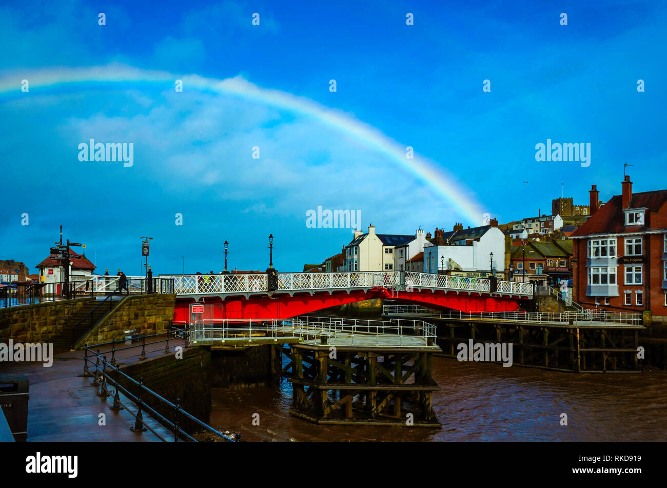 A raindow in winter sunlight over Whitby swing bridge Stock Photo - Alamy