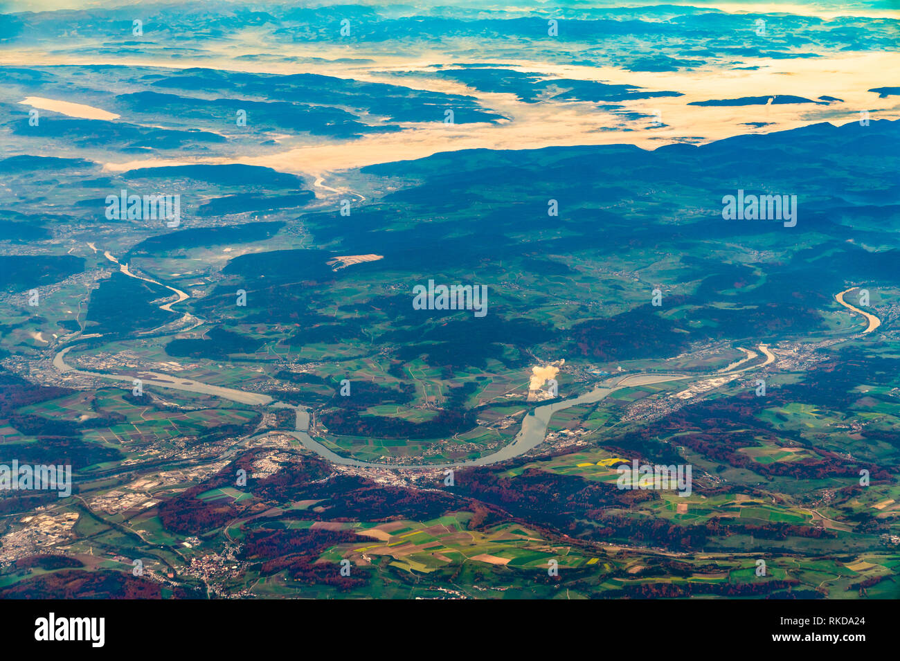 Aerial view of the Rhine and the Aare rivers in Germany and Switzerland ...