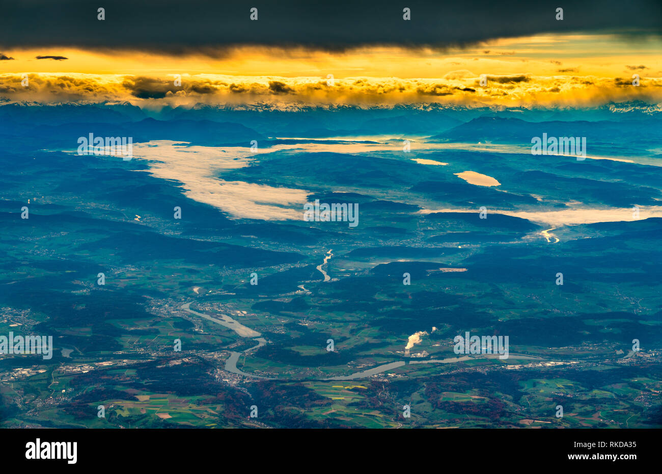 Aerial view of the Rhine and the Aare rivers in Germany and Switzerland ...