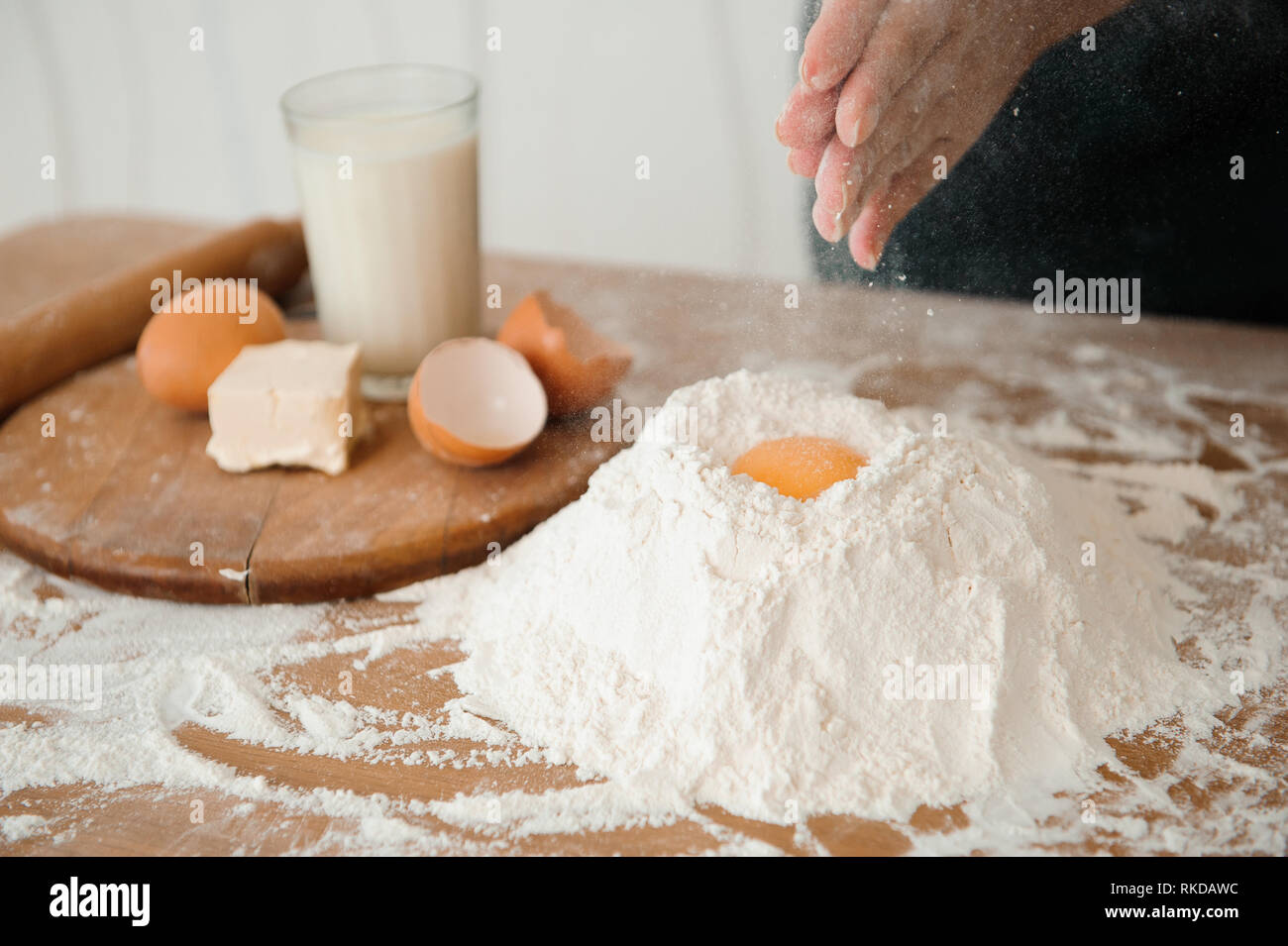 Chef preparing dough - cooking process, work with flour Stock Photo - Alamy