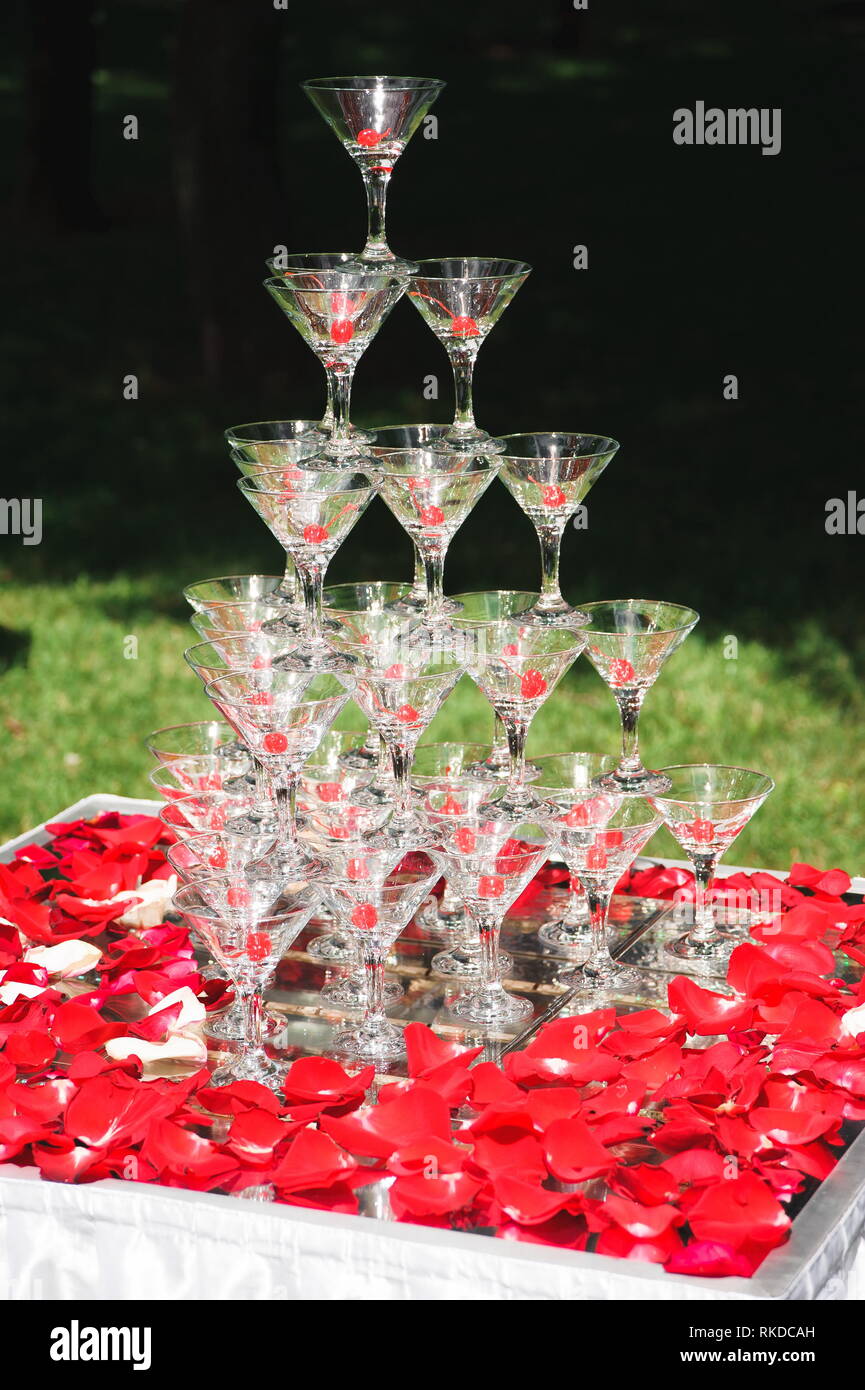 Pyramid of champagne on white table with rose petals Stock Photo - Alamy