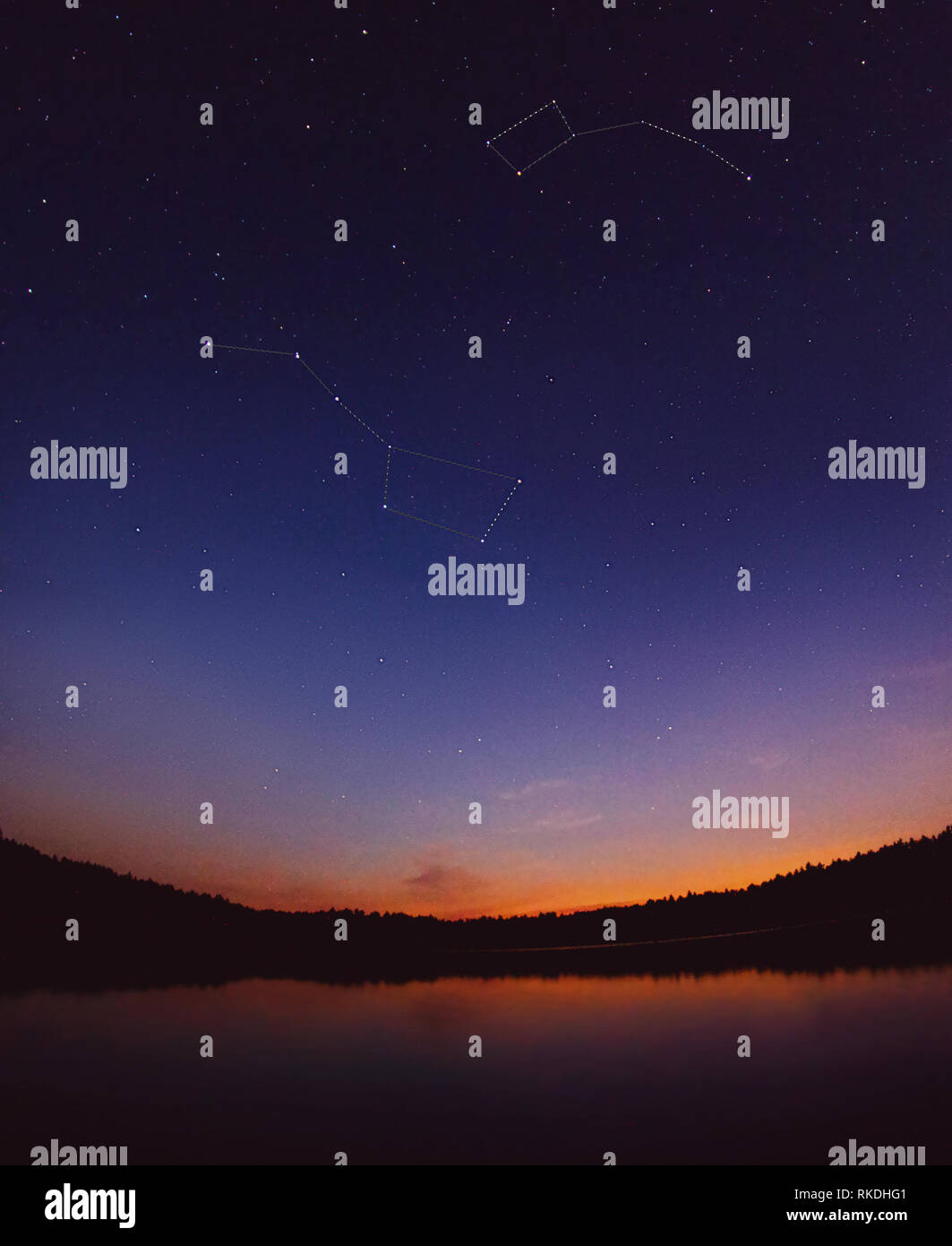 Dipper stars in the sky by the lake. Scenic landscape. Ursa major and ...
