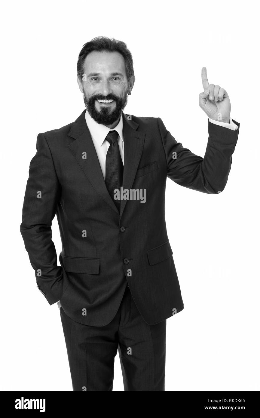 Man pointing index finger advertisement isolated on white. Man bearded ...