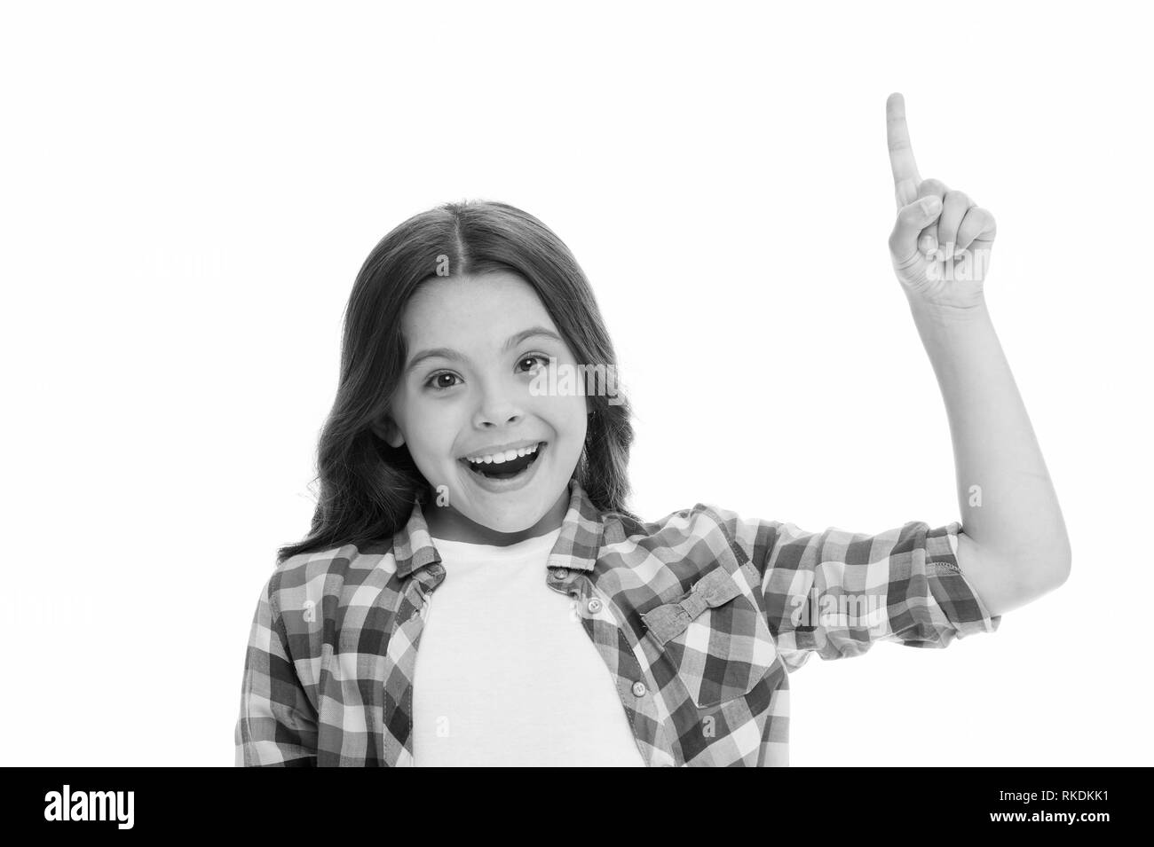 Kid point finger up isolated white. Child cute face brunette hair ...