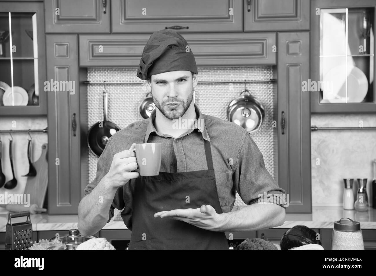 Good morning. Barista man in coffee shop. Handsome barista with morning ...