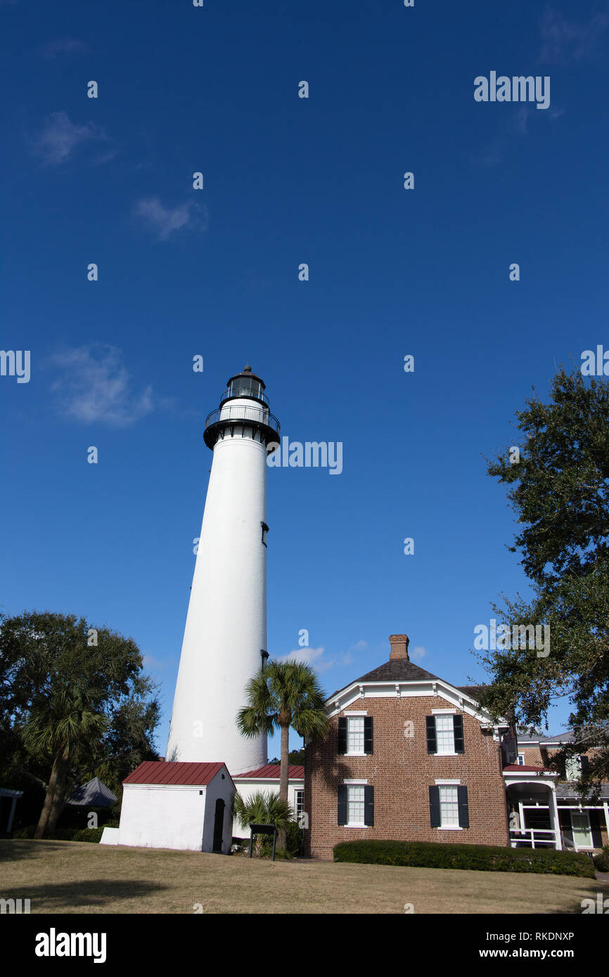 A view of the old white brick lighthouse on St Simons Island, Georgia ...