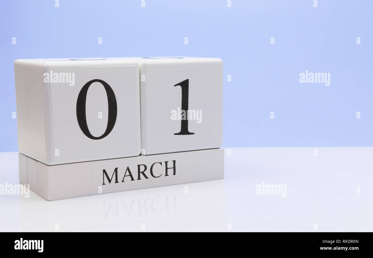 March 01st. Day 01 of month, daily calendar on white table with ...