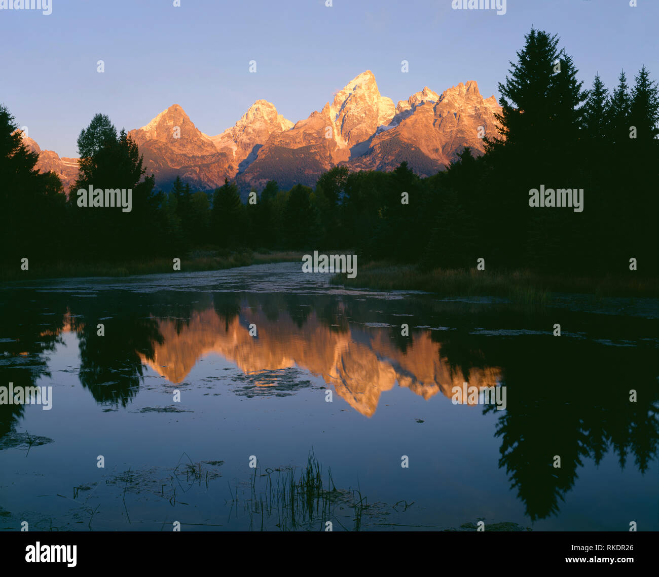 USA, Wyoming, Grand Teton National Park, Sunrise reddens main peaks of ...