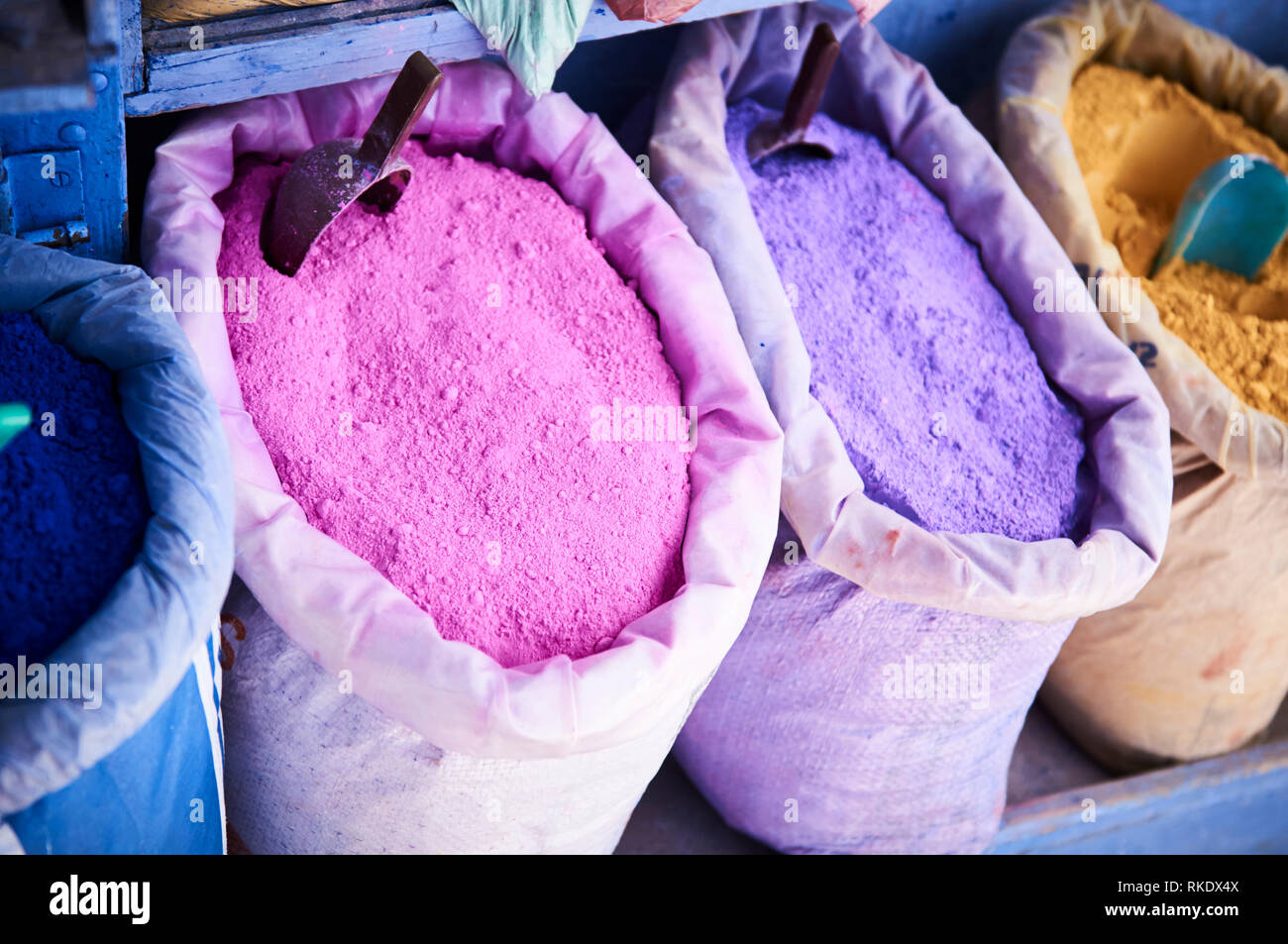 Bags of powdered pigments to make paint, Chefchaouen, Morocco, North ...