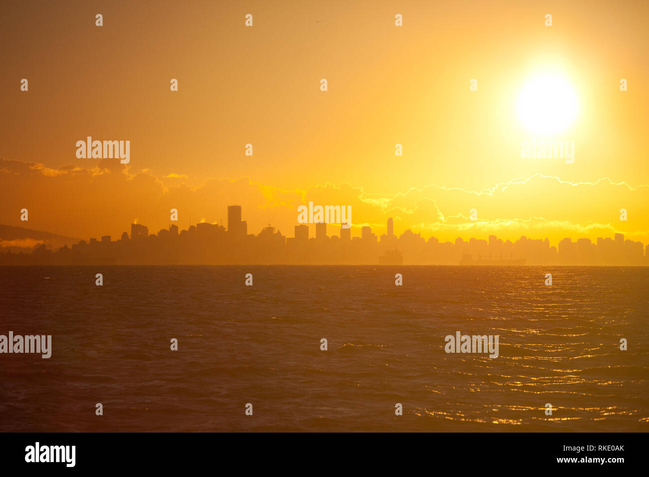 Bright early morning sun over the Vancouver city skyline as seen from a ...