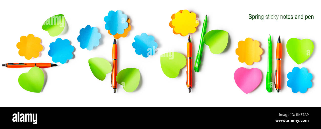 Sticky note heart and flower shaped with pen collection isolated on ...