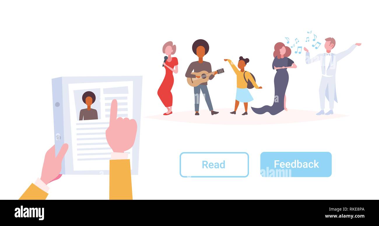 hr manager hand hold cv resume over mix race group of people different ...