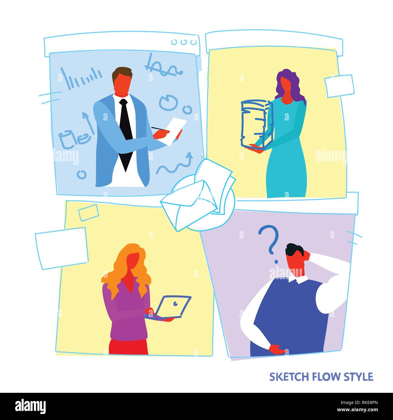 set different poses businesspeople office workers working process ...