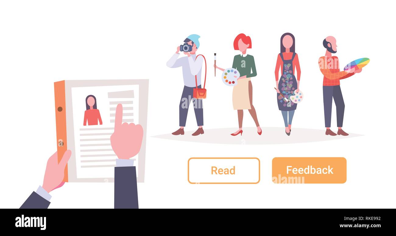 hr manager hand hold cv resume over group of people different ...