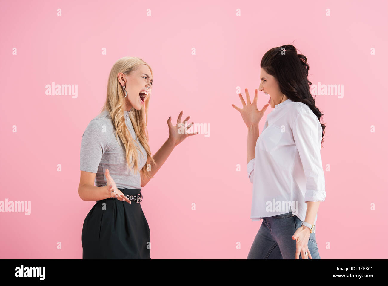 Aggressive girls screaming at each other and waving hands isolated on ...