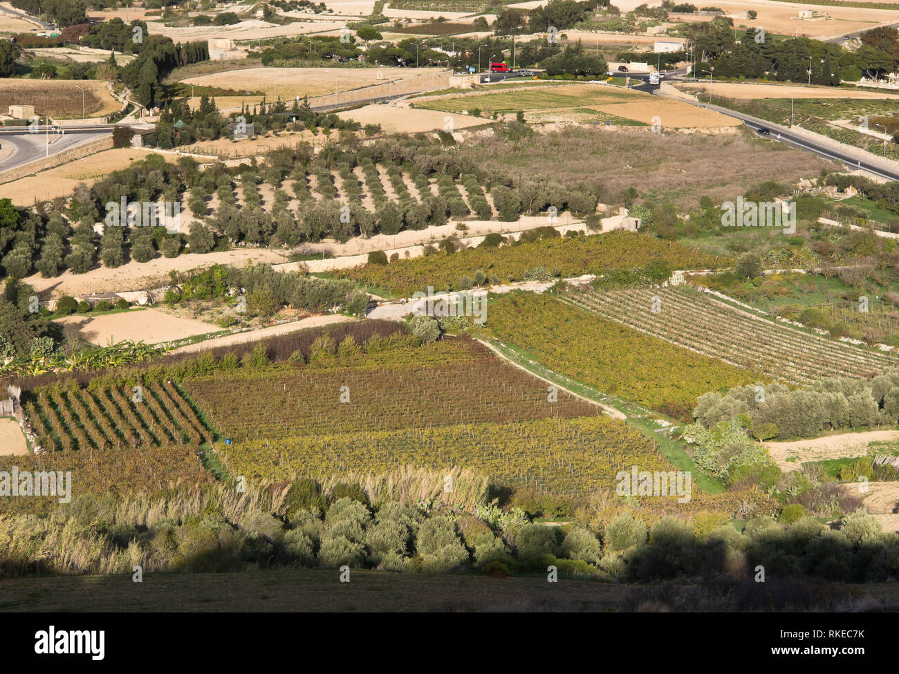 Overhead view of the surrounding landscape and farming fields from the ...