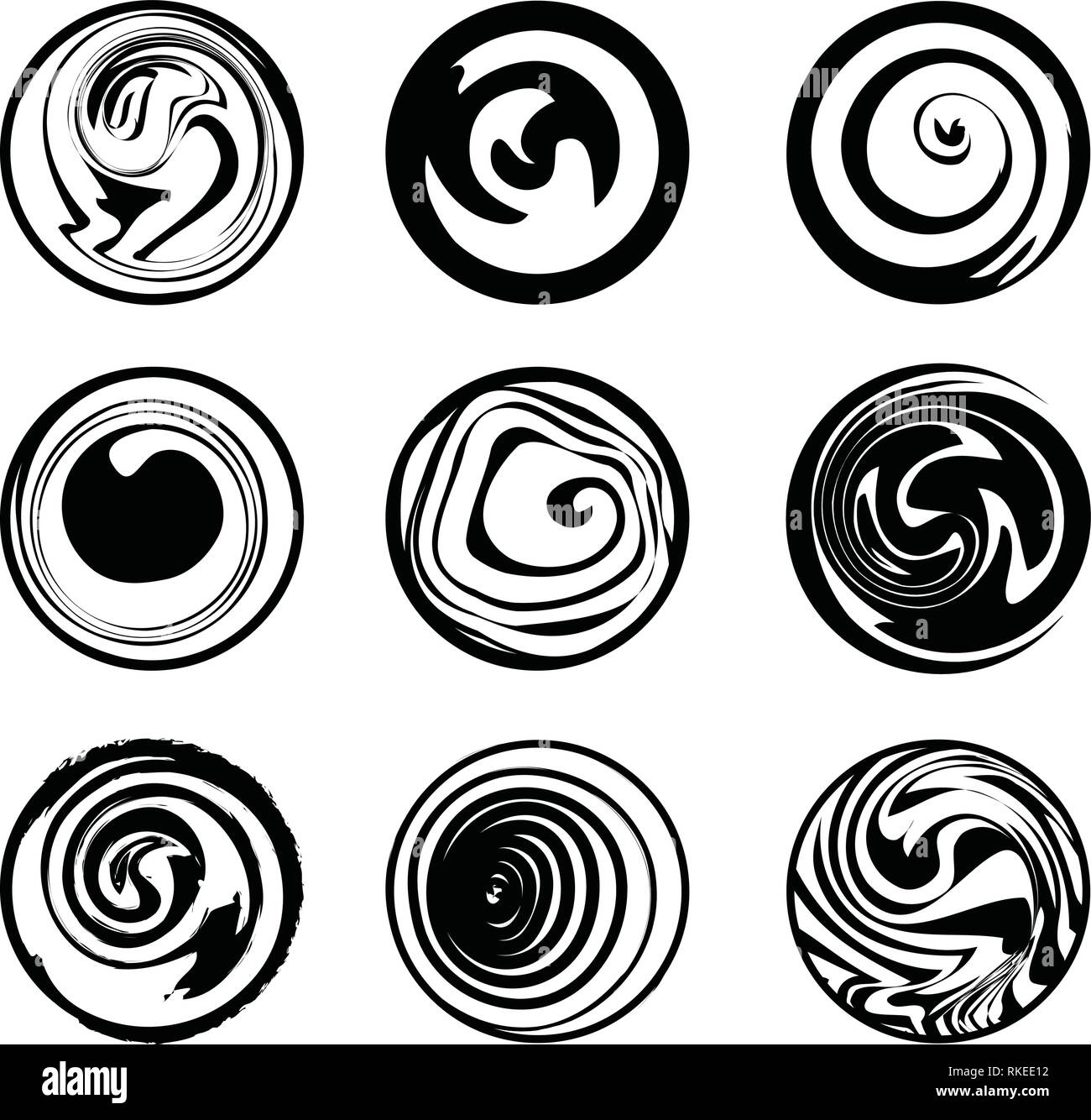 Set of spiral and swirl motion elements. Black isolated abstract ...