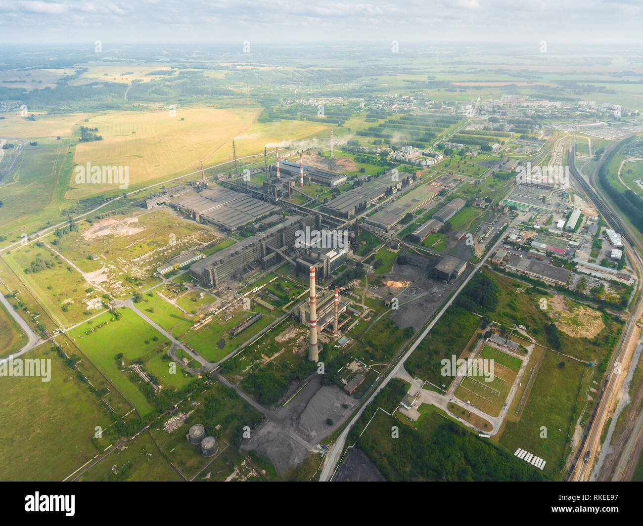 Panoramic aerial view of working factory. Aerial view through the ...