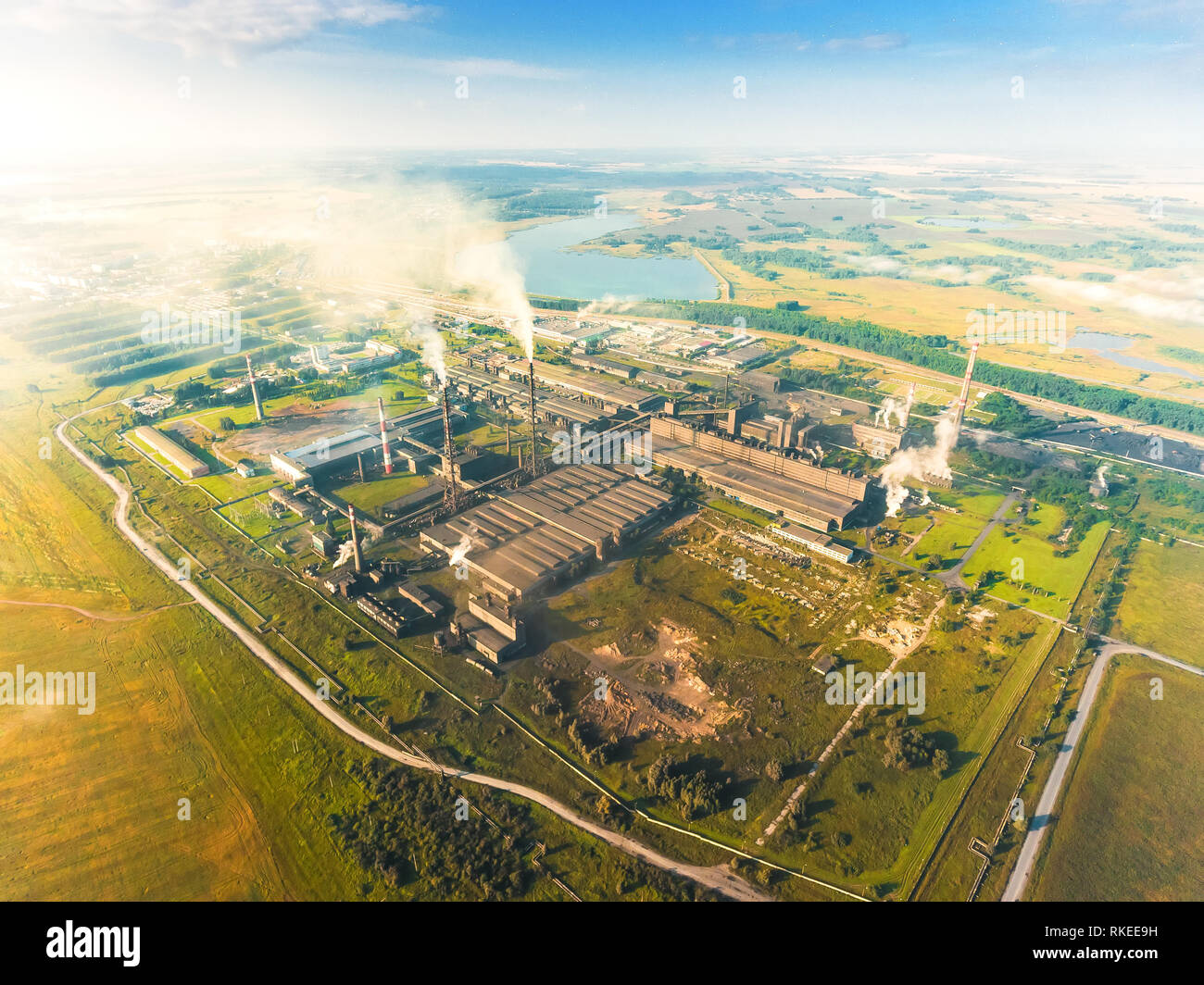 Panoramic aerial view of working factory. Aerial view through the ...