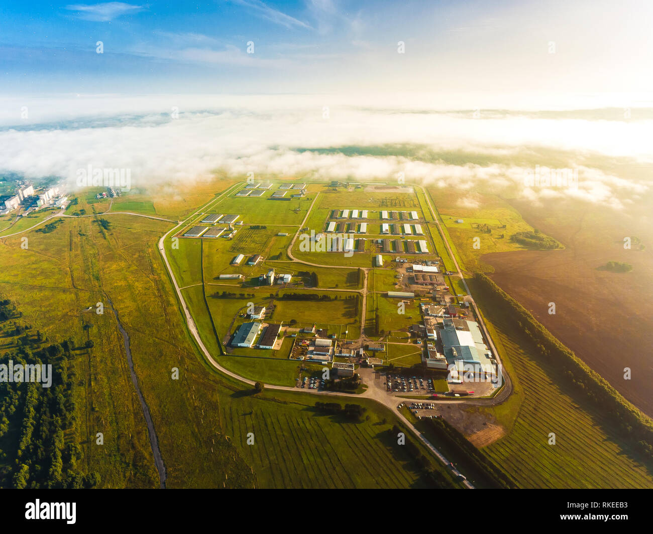 Panoramic aerial view of working factory. Aerial view through the ...