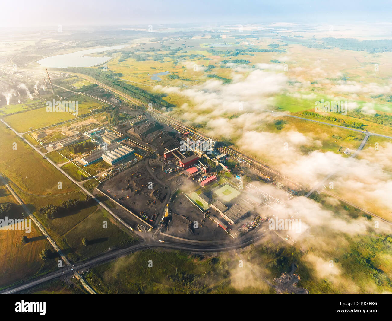 Panoramic aerial view of working factory. Aerial view through the ...