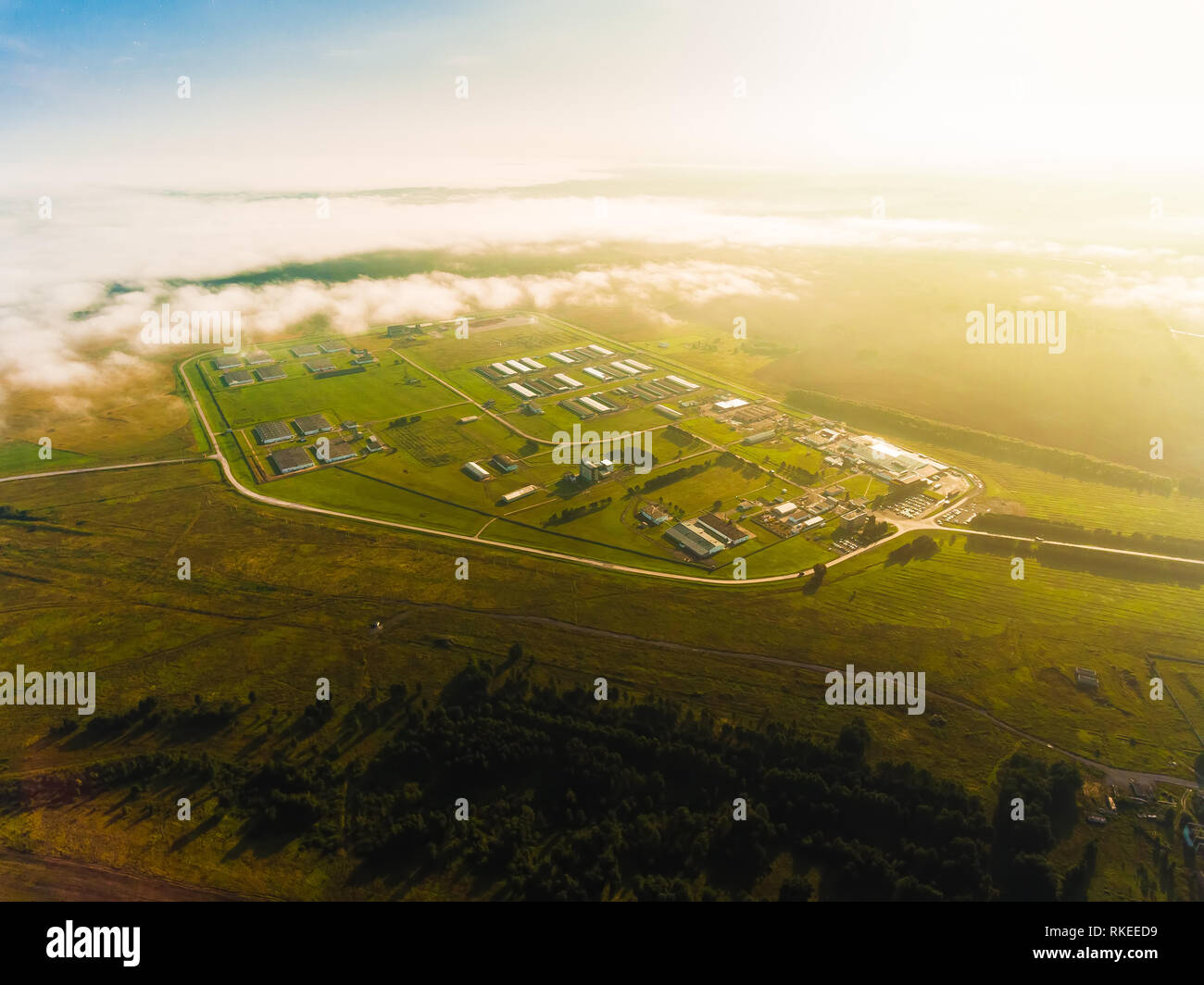 Panoramic aerial view of working factory. Aerial view through the ...