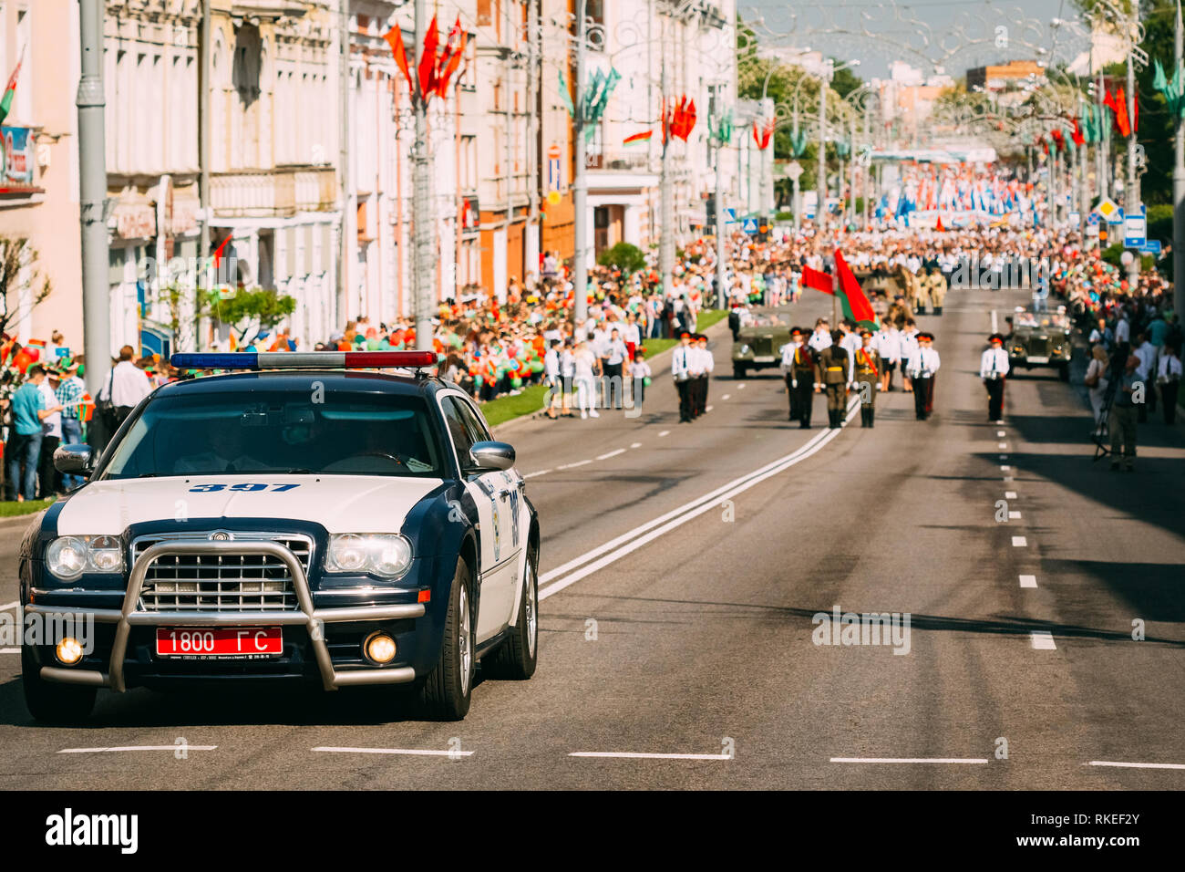 Gomel, Belarus - May 9, 2018: Police by car leads the parade dedicated ...