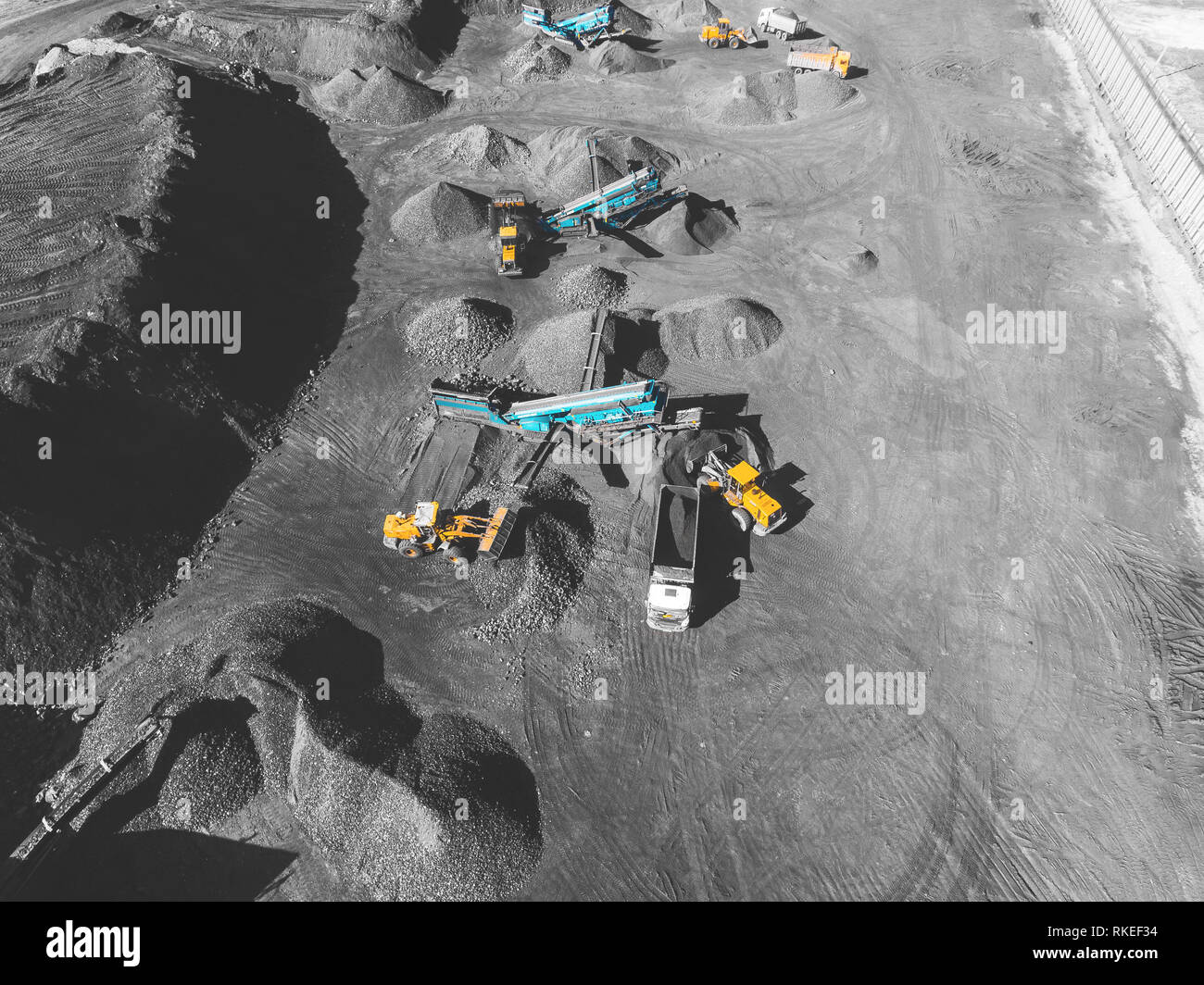 View from above, on the process of sorting coal mined. Open pit mine ...