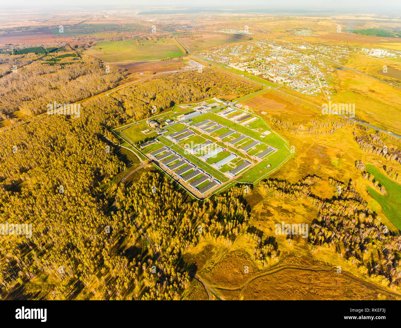 Panoramic aerial view of working factory. Aerial view through the ...