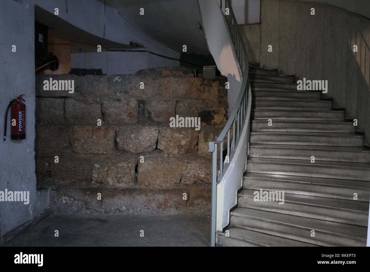 Athens, Greece. 7th Feb, 2019. A part of ancient wall at the basement ...