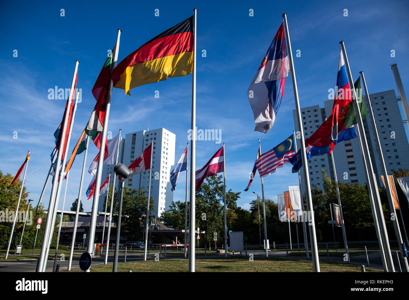 11 September 2018, Bavaria, Nürnberg: Flags are placed in front of the ...