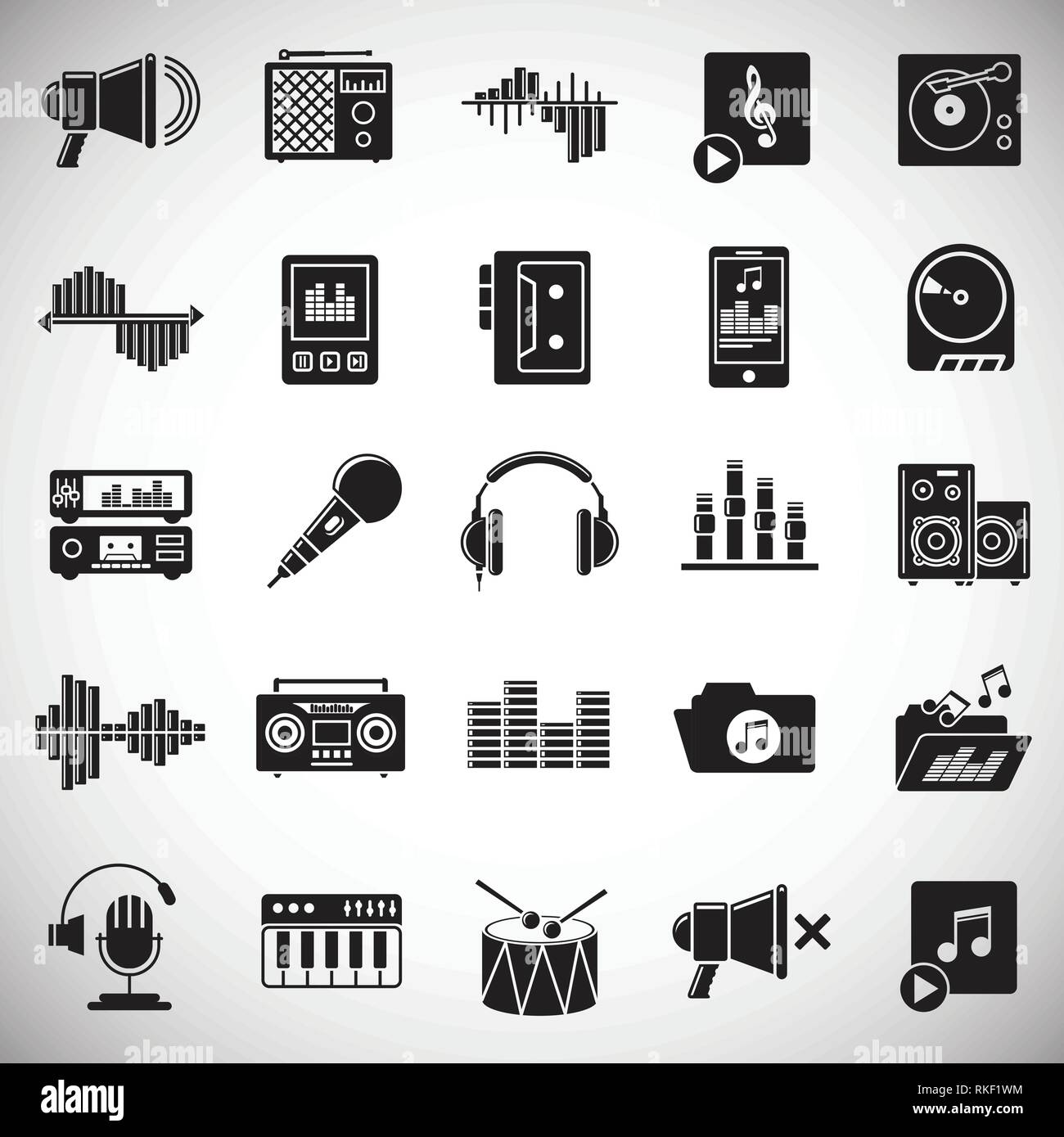 Music and sound icons set on white background for graphic and web ...