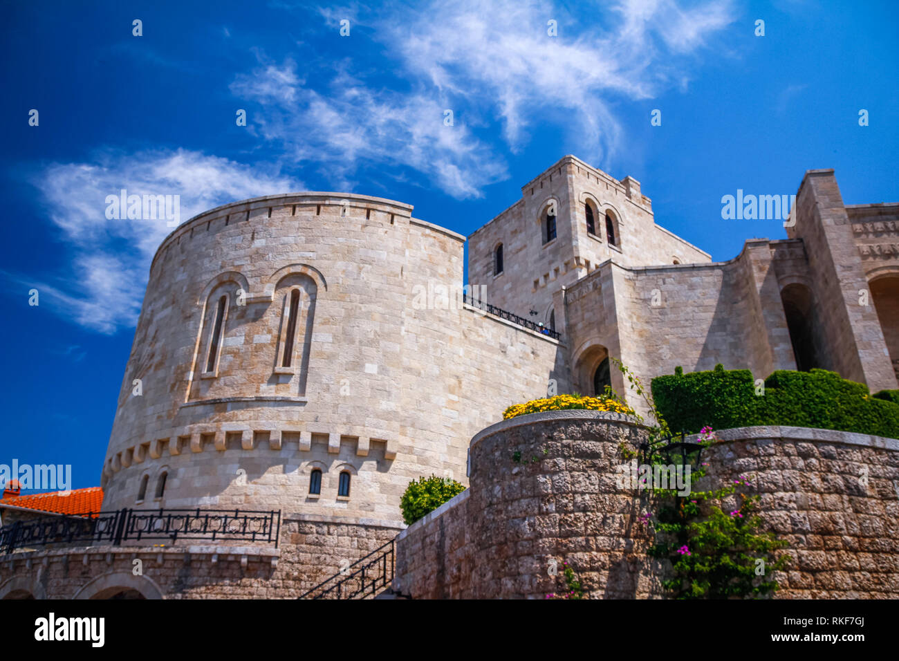 Albanian town buildings view. Summer holiday trip. Touristic attraction ...