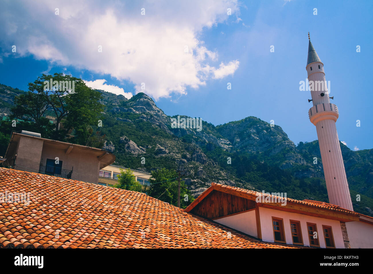Albanian town buildings view. Summer holiday trip. Touristic attraction ...