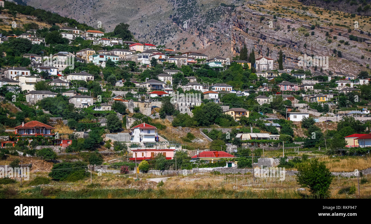 Albanian town buildings view. Summer holiday trip. Touristic attraction ...