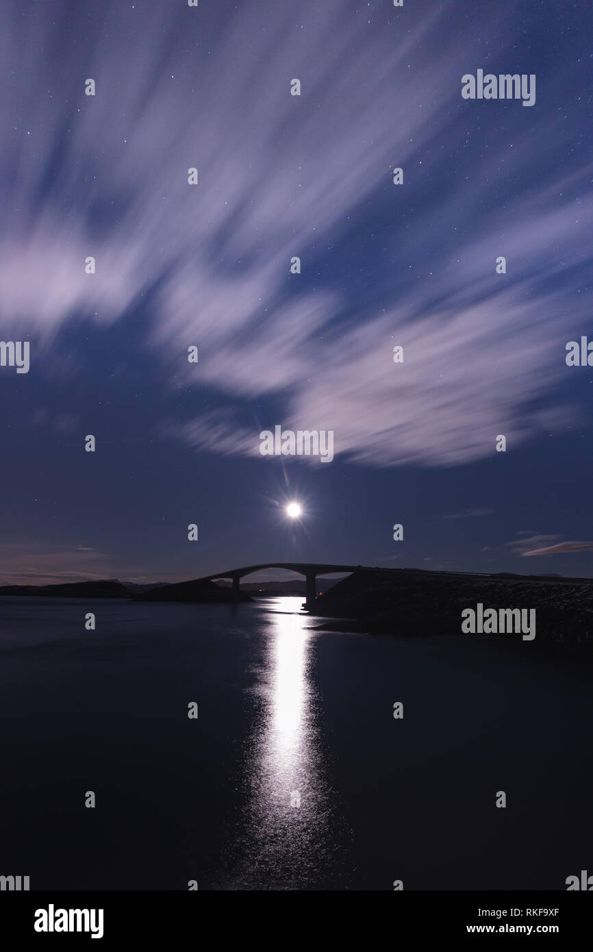 Night with the moon and view on the Atlantic Ocean Road ...